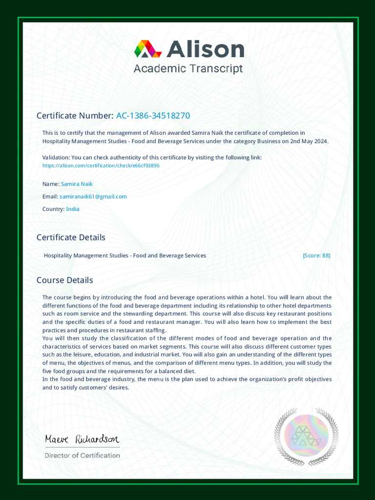 Alison Certificate Transcript Hospitality Management Studies Food and ...
