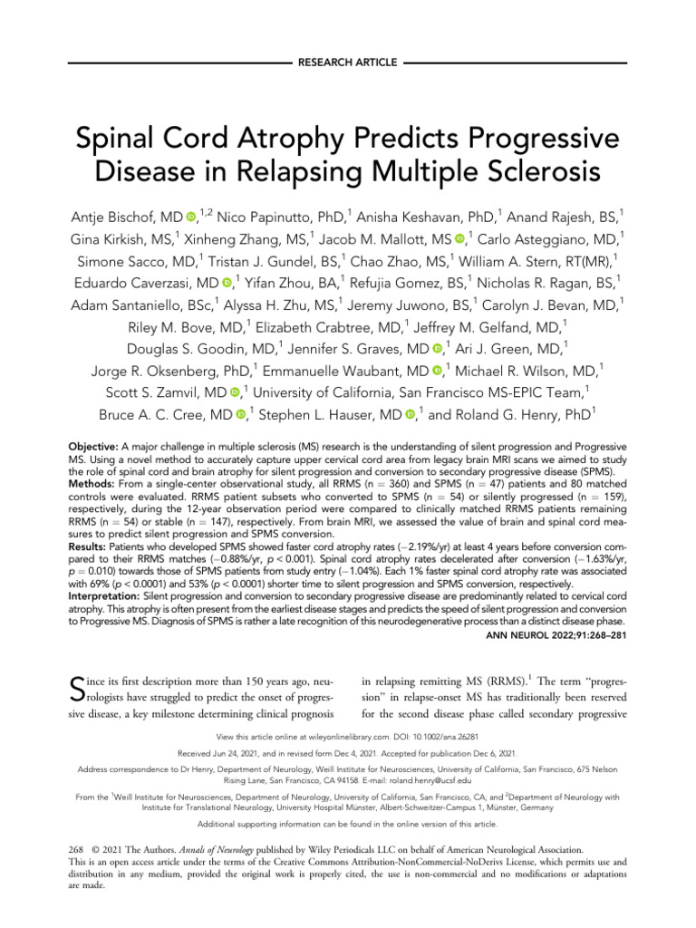 Bischof - Spinal Cord Atrophy Predicts Relapse - Ann Neurol 2022 | PDF | Multiple Sclerosis ...