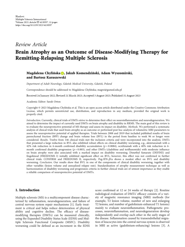 Chylinska - Brain Atrophy As Outcome Measure in RRMS - Mult Scler Int 2023 | PDF | Multiple ...