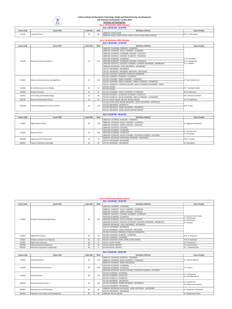 Schedule and Seating Plan - End Sem Exam - Jul-Nov 2024 - Students | PDF | Engineering | Computing