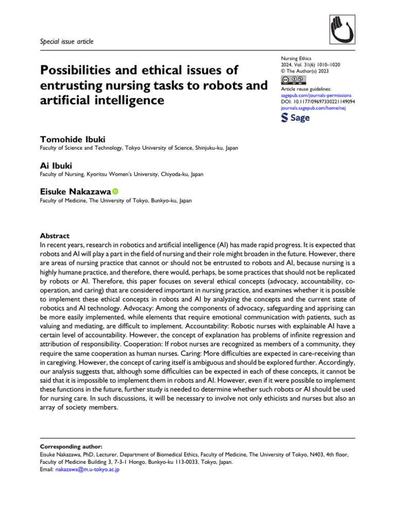 Possibilities and Ethical Issues of Entrusting Nursing Tasks To Robots ...