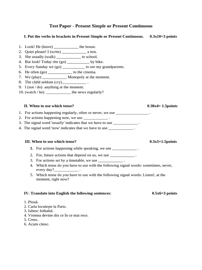 Test Paper Present Simple Vs Present Continuous | PDF | Language Arts ...