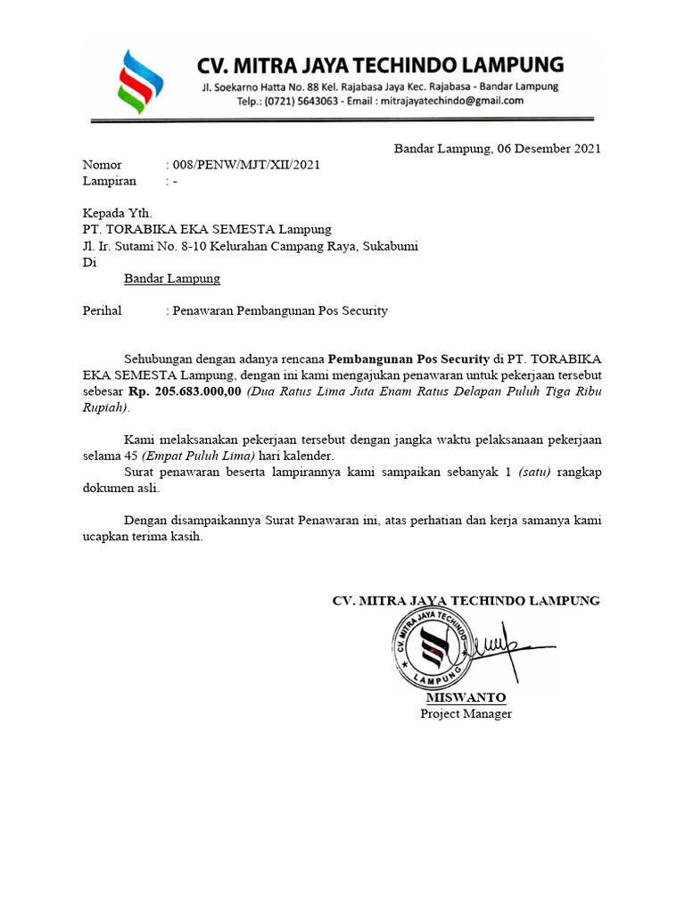 Surat Penawaran Pembangunan Pos Security Torabika | PDF