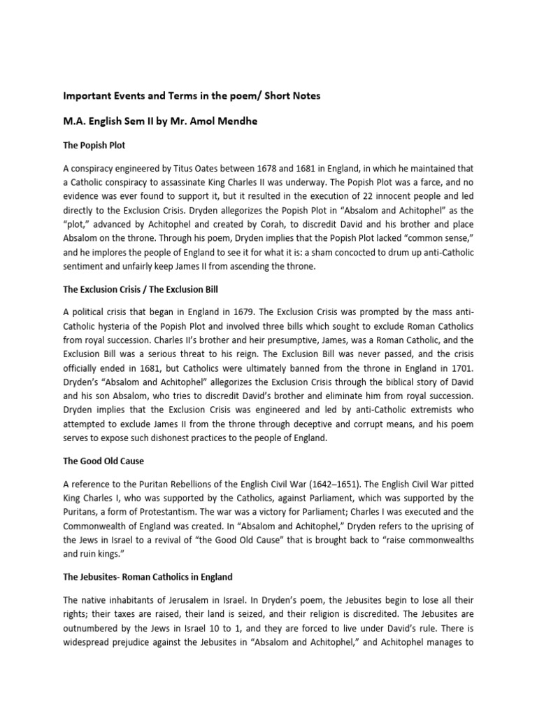 Short Notes Absolam and Achitophel M.A. English II Sem by Prof - Amol D ...