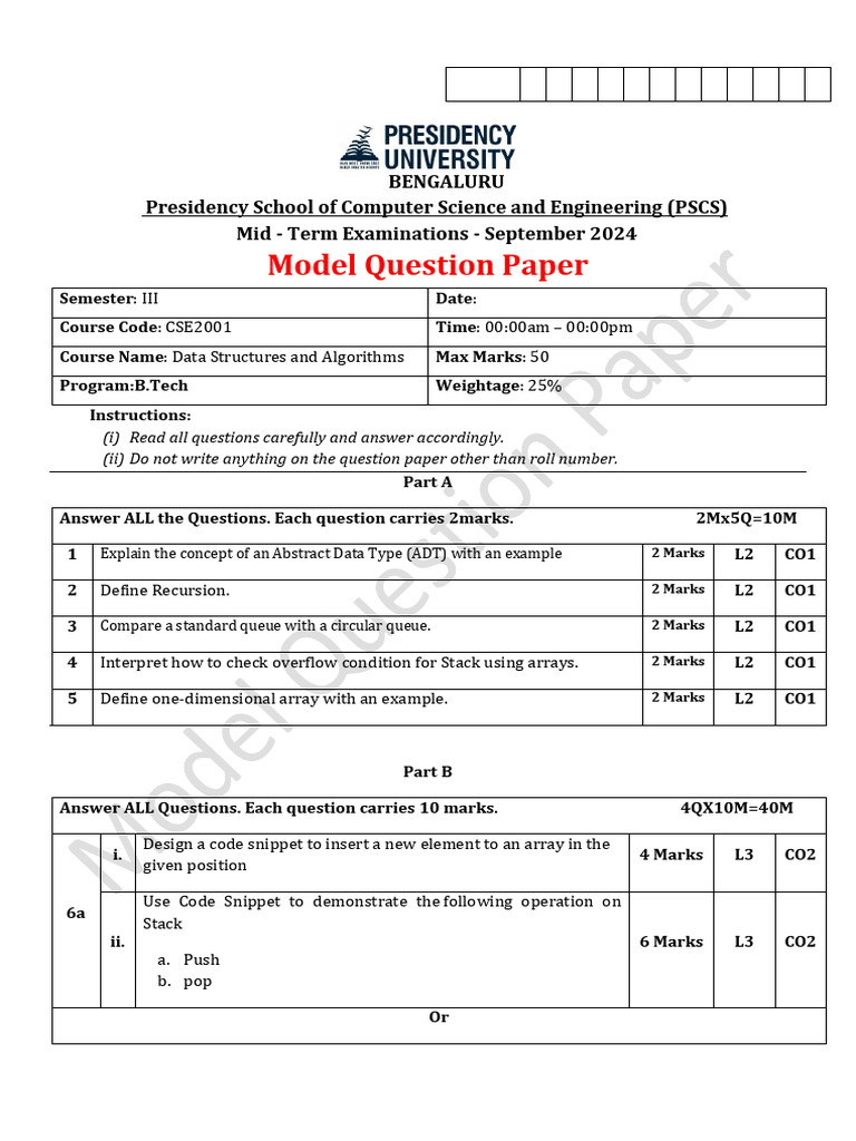 Mid Term Model Question Paper 1 | PDF | Queue (Abstract Data Type ...