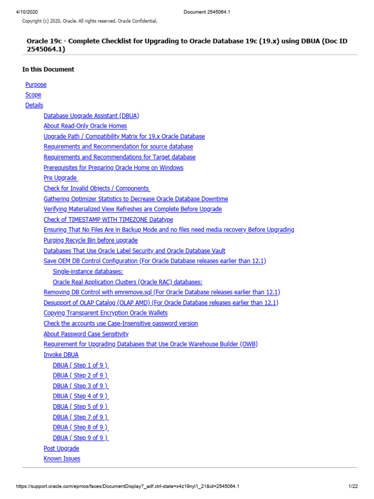 Oracle 19c - Complete Checklist For Upgrading To Oracle Database 19c (19.x) Using DBUA | PDF ...