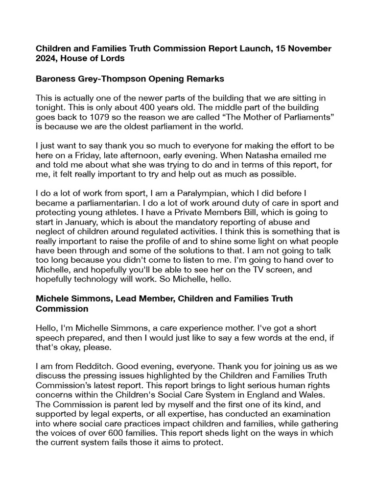 Panel Member Speeches: Children and Families Truth Commission Report ...