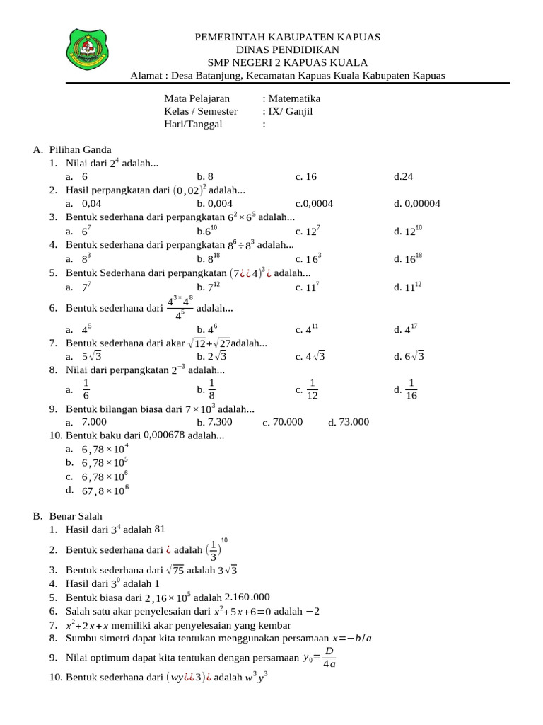 Soal MTK KLS 9 | PDF
