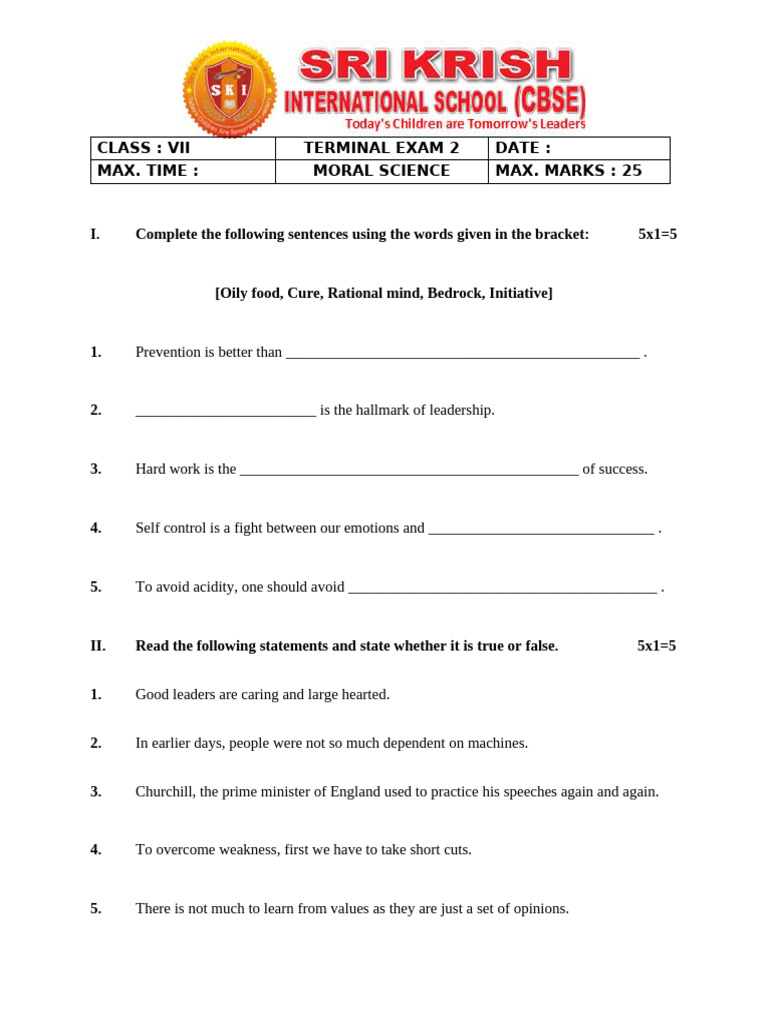 Terminal Exam2 - 7th STD - Moral Science | PDF
