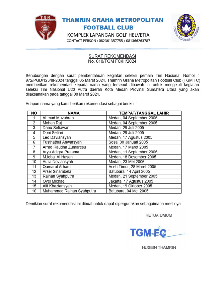 Rekomendasi Seleksi Timnas U20 | PDF