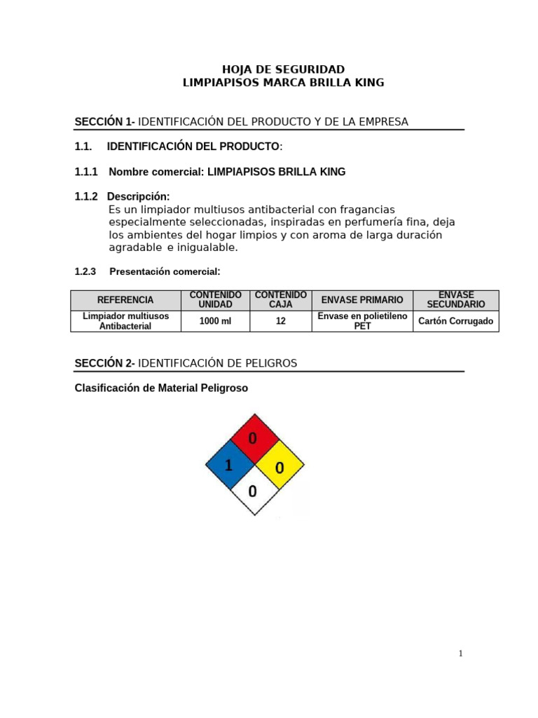 Hoja de Seguridad Limpiapisos Brilla King | PDF | Agua | Residuos