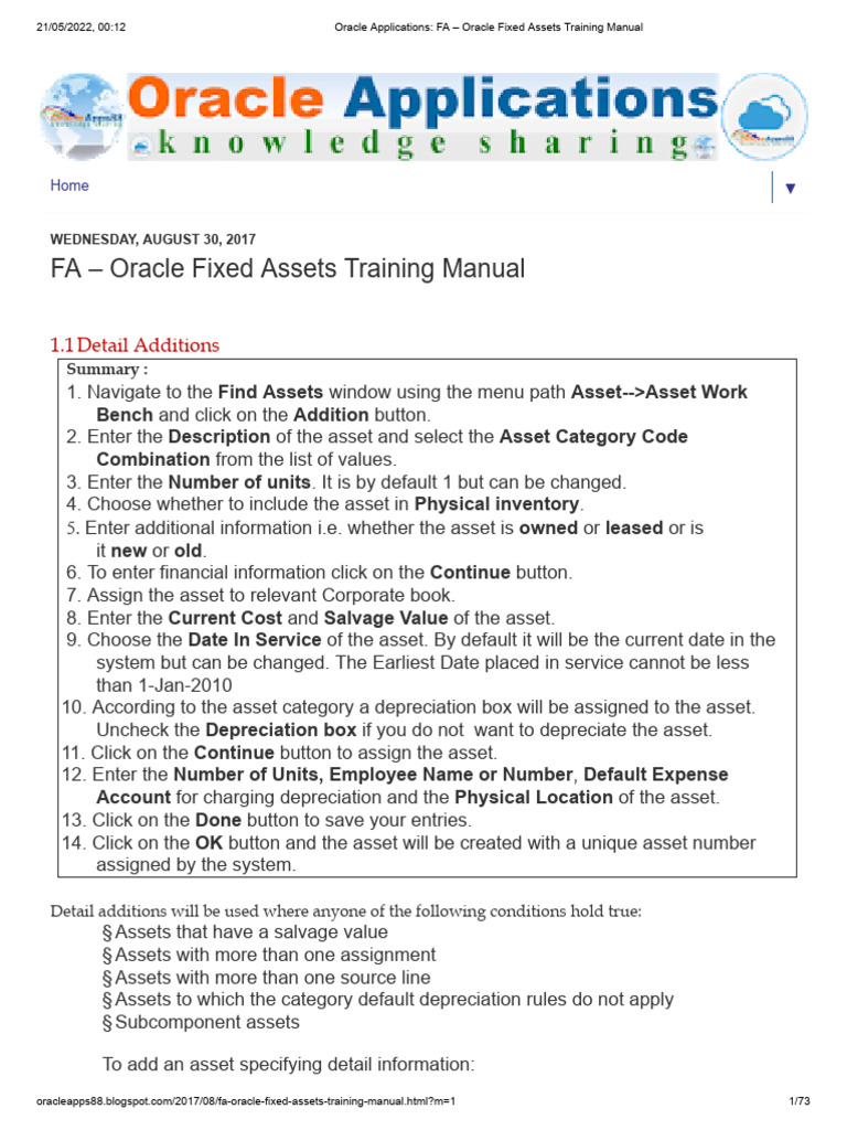 FA - Oracle Fixed Assets Training Manual | PDF | Depreciation | Accounts Payable