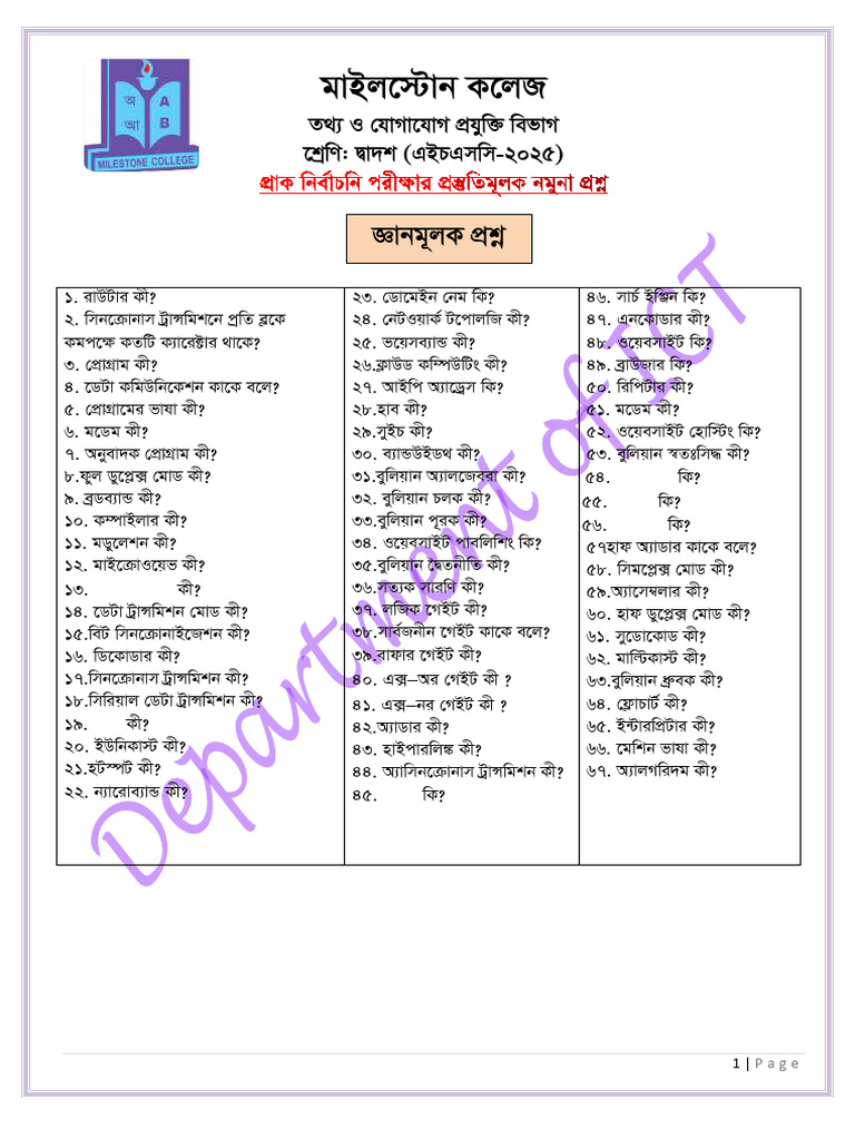 ICT XII Pre Test (Sample Questions (October-2024) | PDF