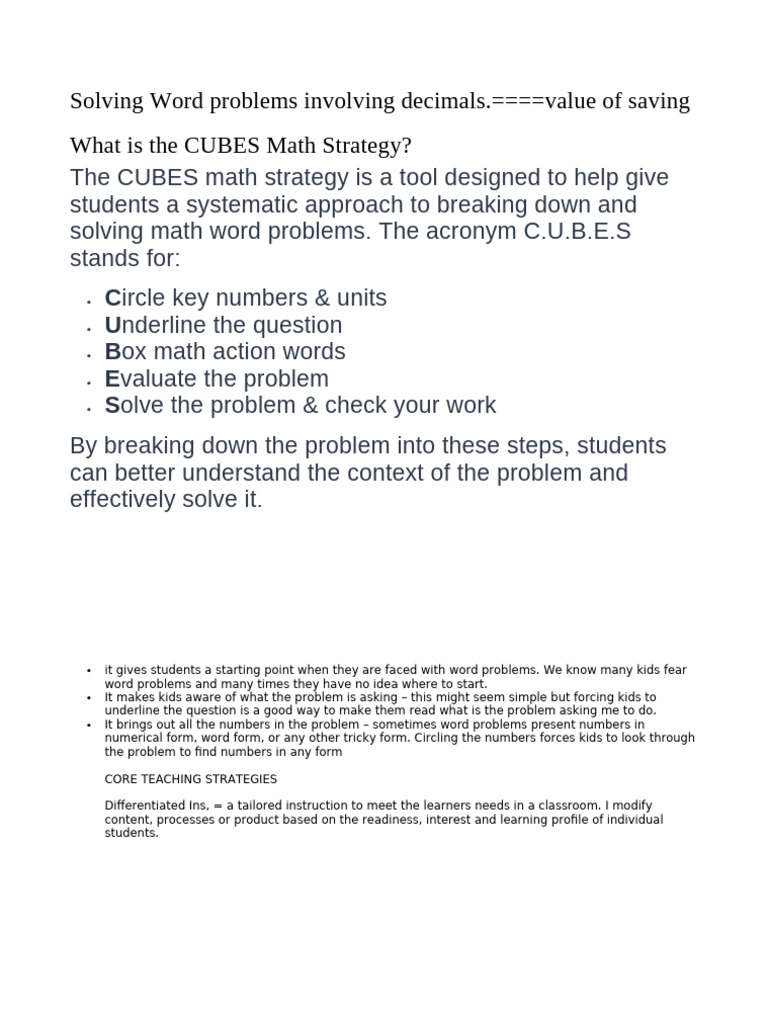 CUBES Strategy for Decimal Word Problems | PDF