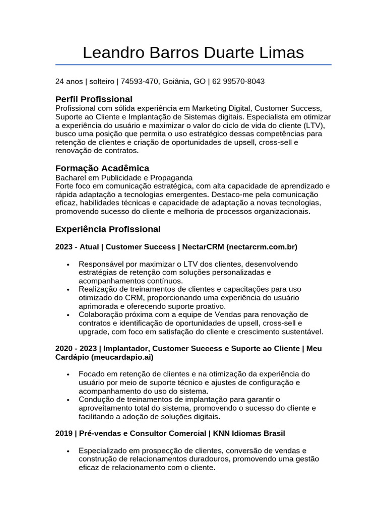Curriculo Leandro Barros 2024 | PDF | Gestão de relacionamento com o cliente | Marketing