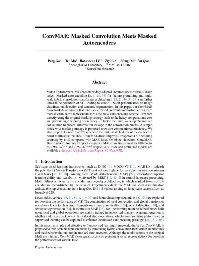 ConvMAE-Masked Convolution Meets Masked Autoencoders | PDF | Image ...