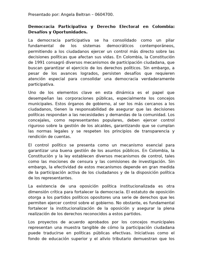 Ensayo Democracia Participativa y Derecho Electoral | PDF | Democracia | Ideologías políticas