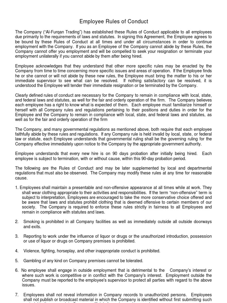 Employee Rules of Conduct | PDF | Law Of The United States | Employment