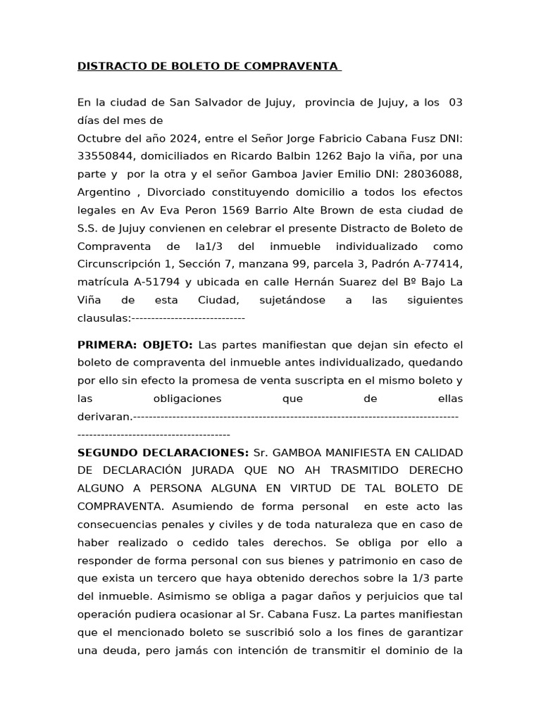 Distracto de Boleto de Compraventa | PDF