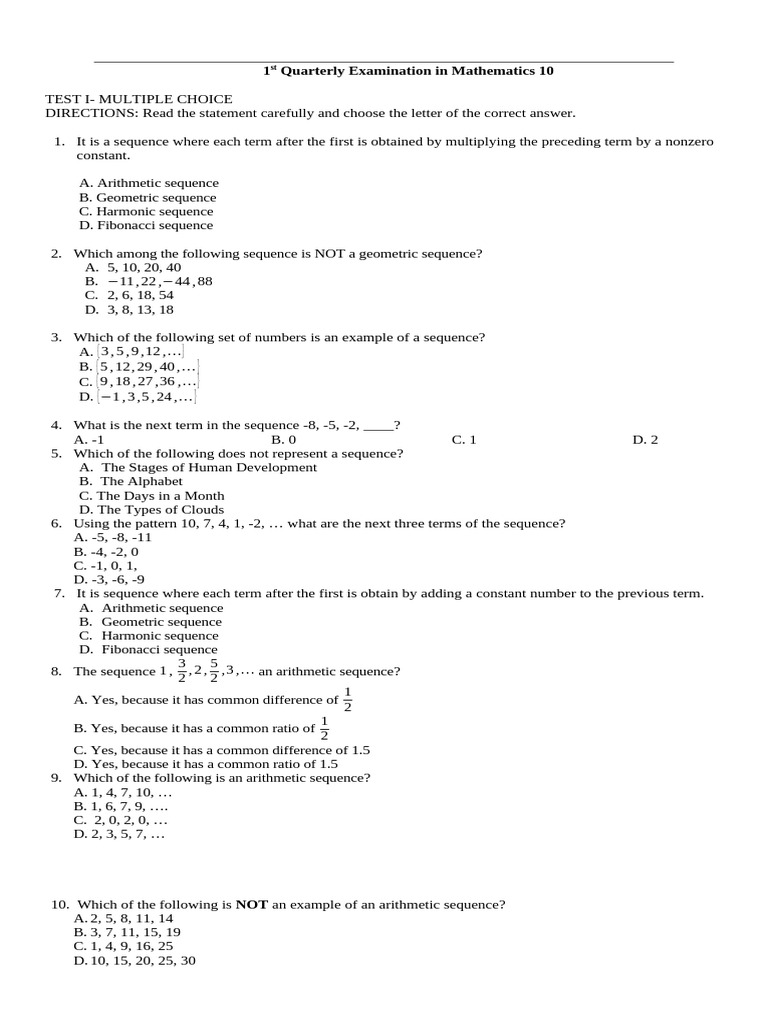 Grade 10 - Test Questionnaire | PDF | Multiplication | Sequence