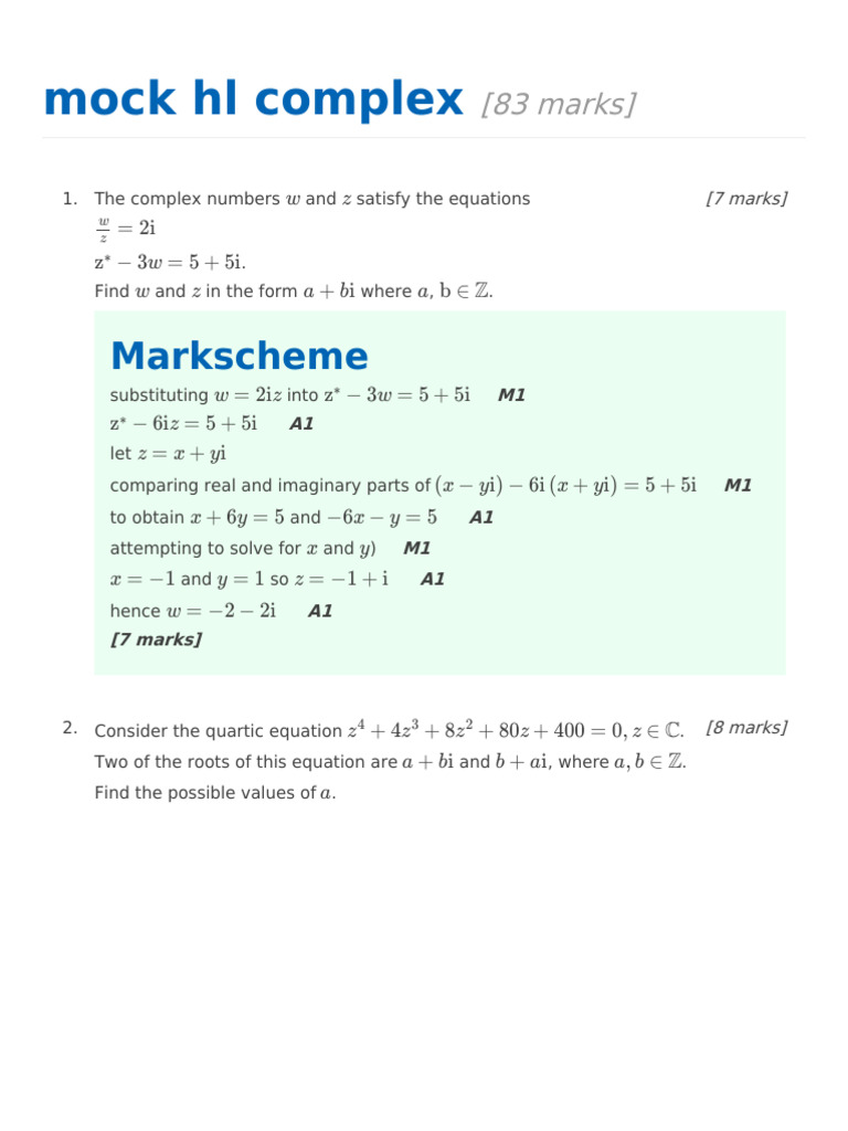 IB - HL - Complex Number Answer | PDF | Quadratic Equation | Abstract ...