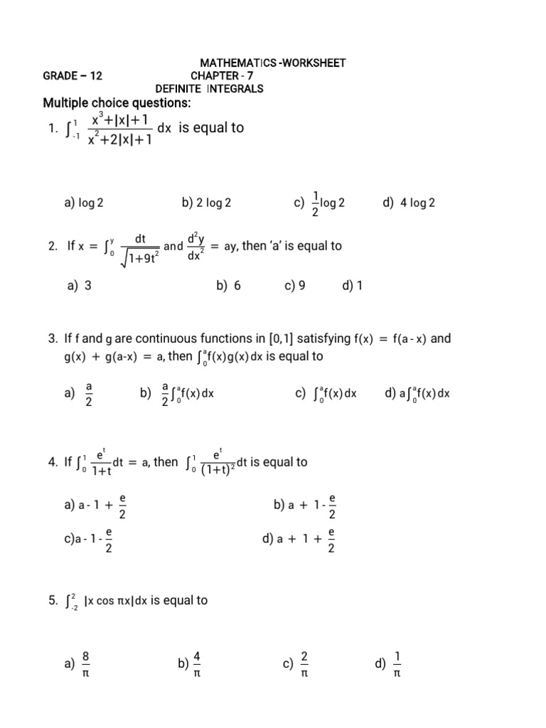 Worksheet CHAPTER - 7 DEFINITE 16-10-23 | PDF | Mathematics | Mathematical Analysis