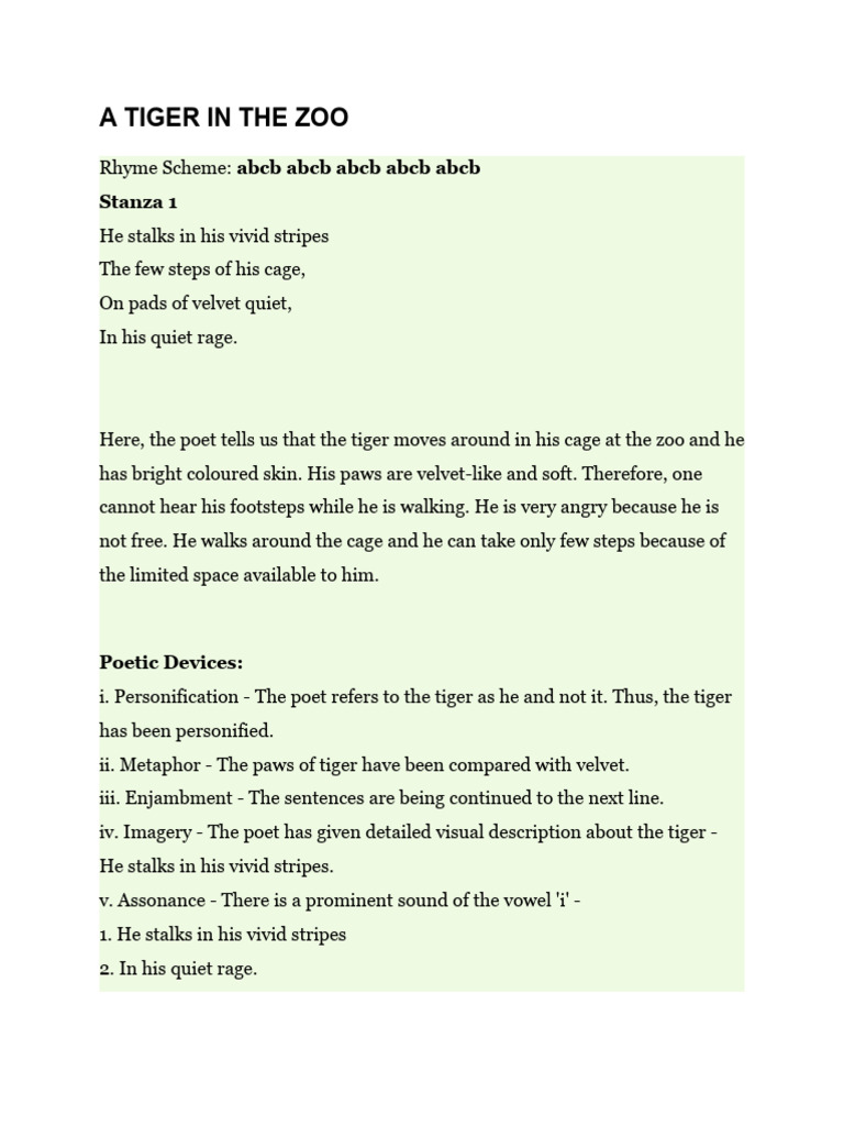 A TIGER IN THE ZOO | PDF | Poetic Devices | Poetics