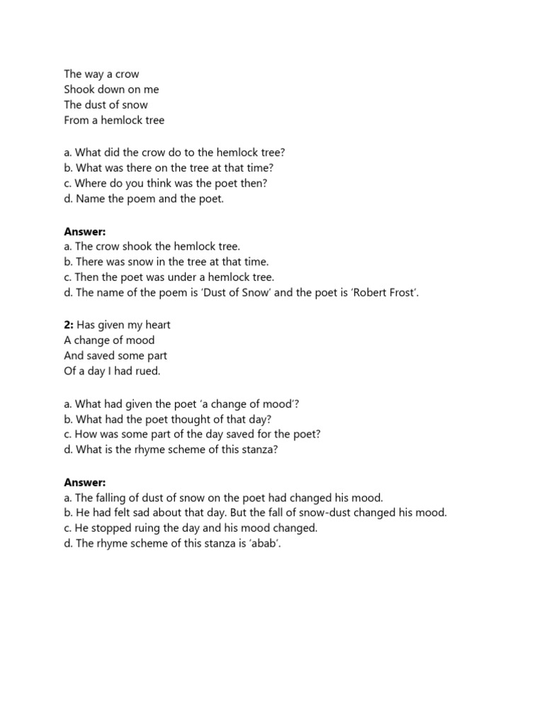 Dust of Snow (Stanzawise Ques-Ans) | PDF