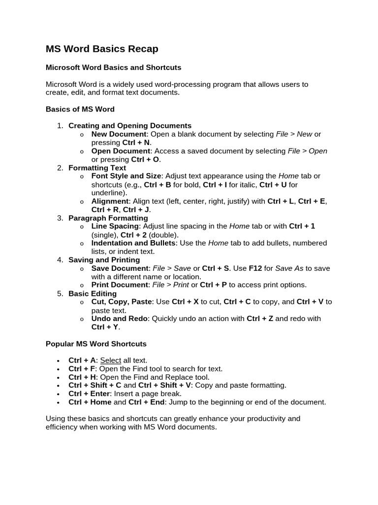 MS Word Basics & Shortcuts Guide | PDF