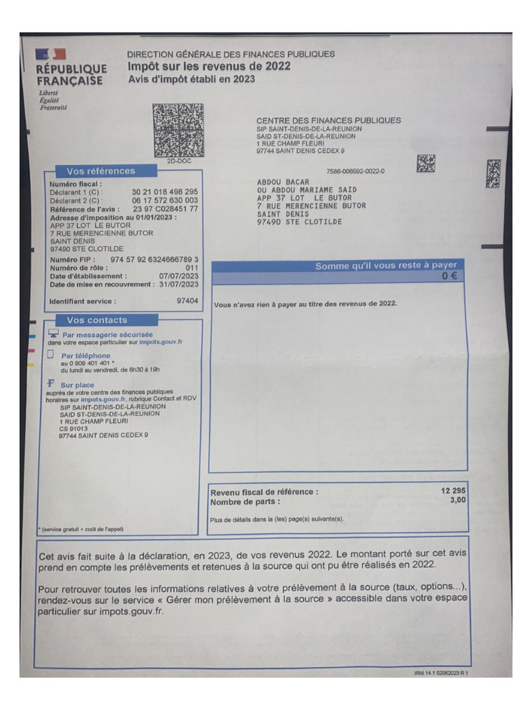Avis D Impot 2023 Sur Les Revenus 2022 Compressed 1 | PDF