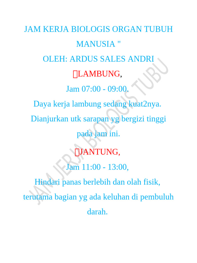 Jam Kerja Biologis Organ Tubuh Manusia | PDF