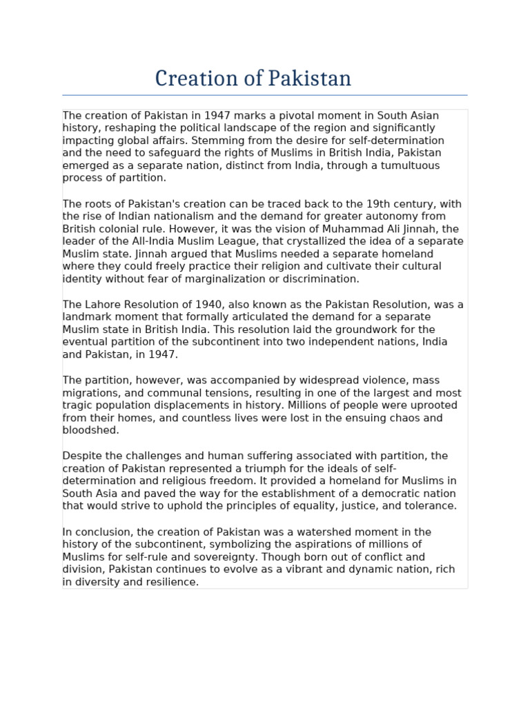 Creation of Pakistan: A Historical Overview | PDF | Politics | History