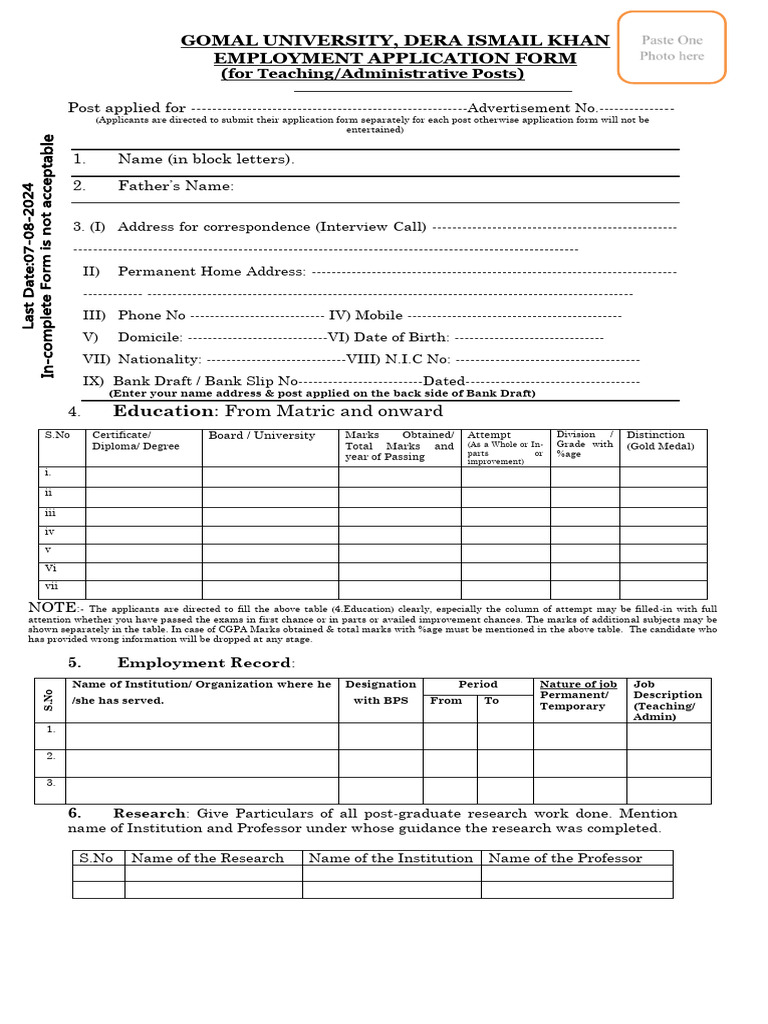 Gomal University Employment Application Form | PDF
