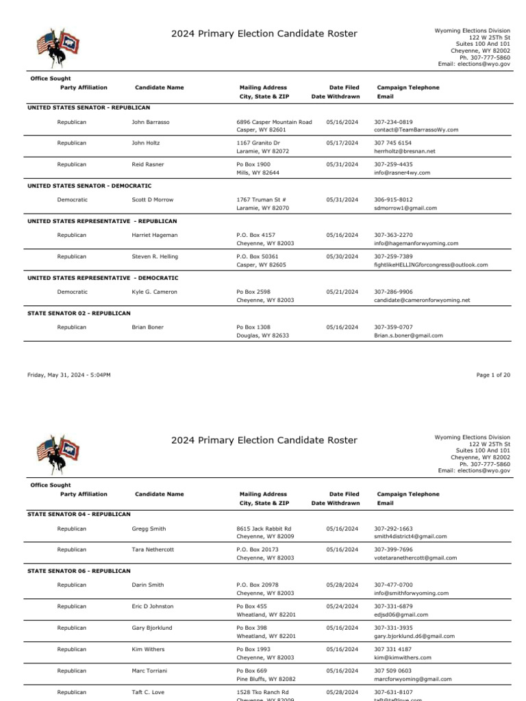 2024 Wyoming Primary Candidate List | PDF | Wyoming | Republican Party ...