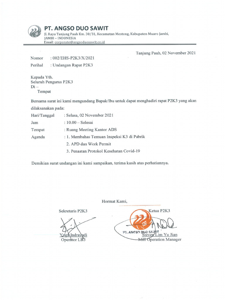 Undangan Rapat P2K3 November | PDF