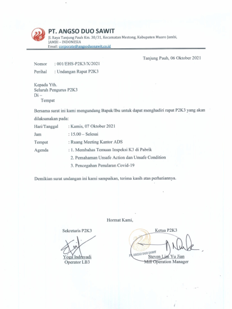 Undangan Rapat P2K3 Oktober 2021 | PDF
