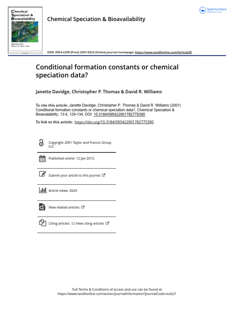 Conditional Formation Constants or Chemical Speciation Data | PDF | Hydroxide | Coordination Complex