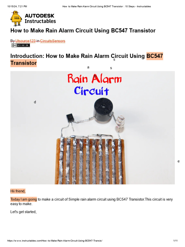 How To Make Rain Alarm Circuit Using BC547 Transistor: A B S S | PDF | Printed Circuit Board ...