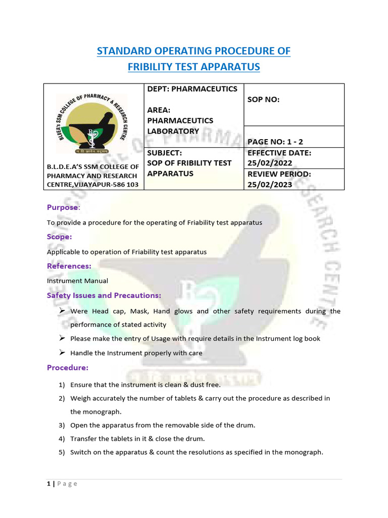 SOP of Friability Test Apparatus 2 | PDF | Technology & Engineering