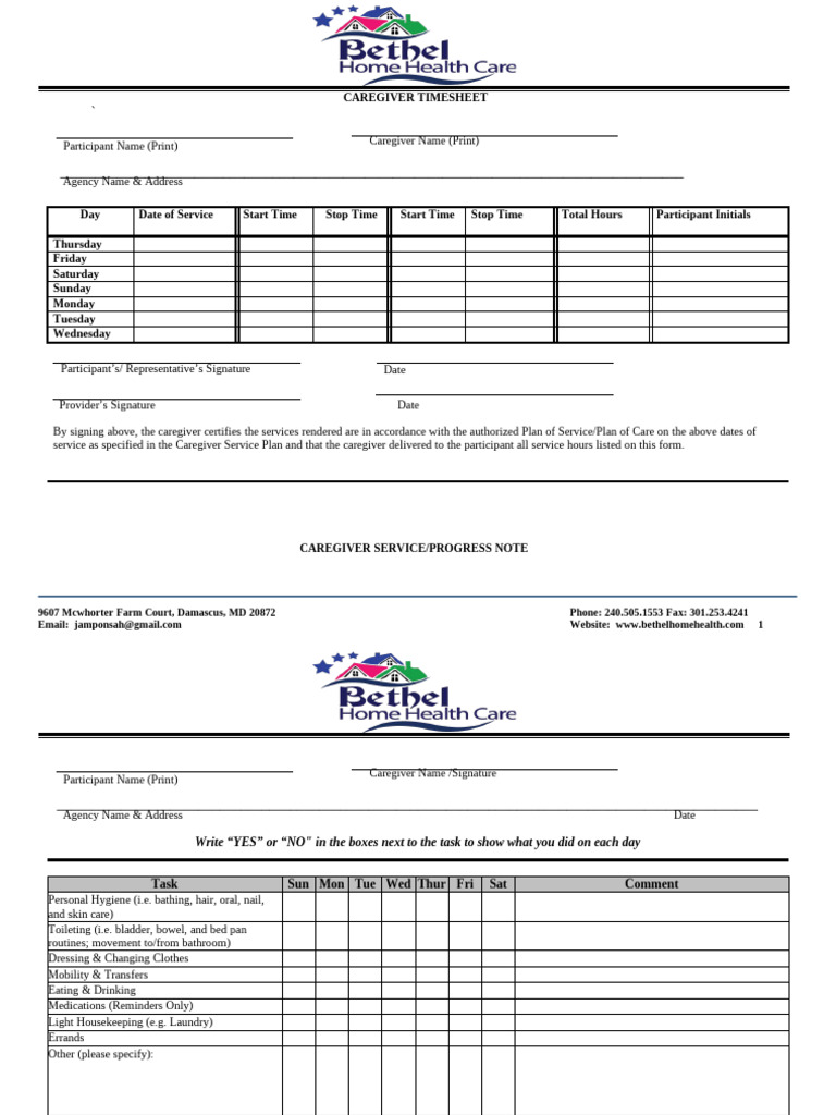 Caregiver Timesheet-Progress Note | PDF | Caregiver | Health Care