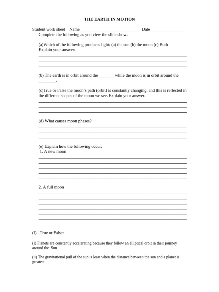 EARTH IN MOTION - Worksheet | PDF | Moon | Sun