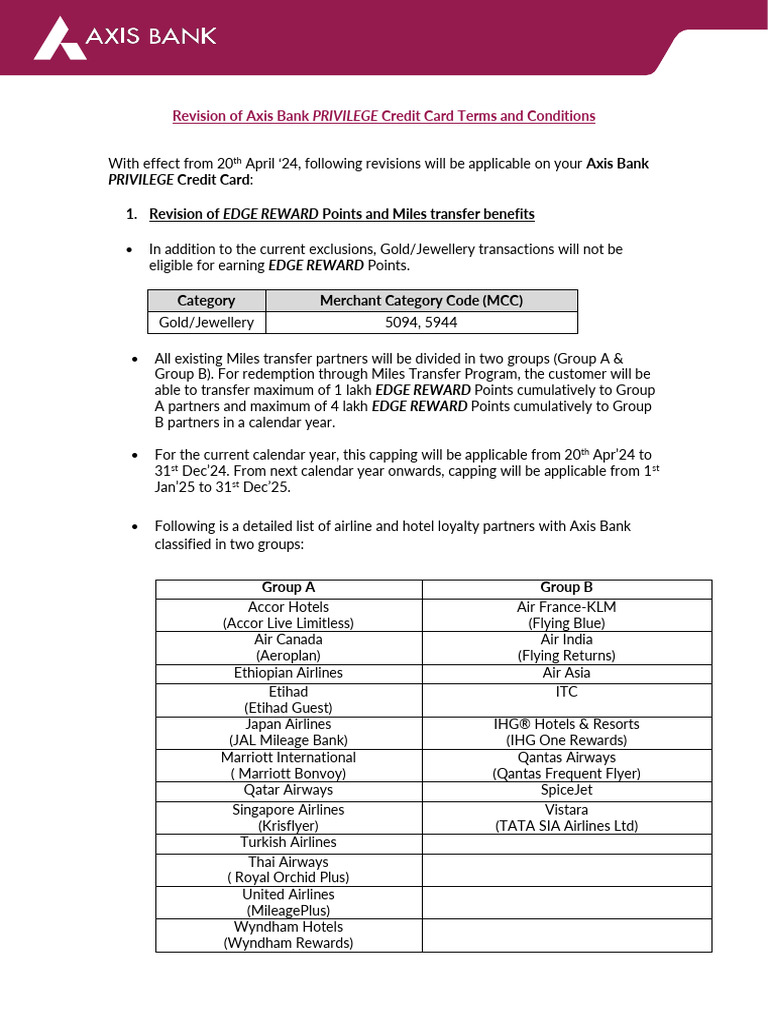 Axis Privilege Credit Card Terms and Conditions | PDF | Loyalty Program ...