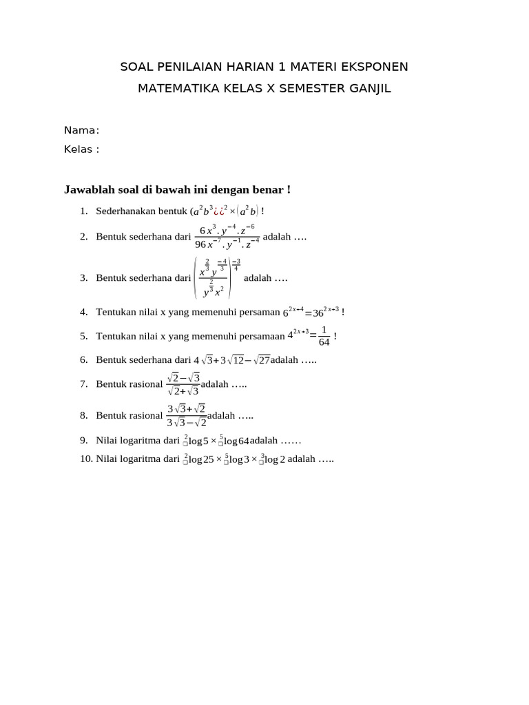Soal PH1 Kelas X Matematika Kumer | PDF