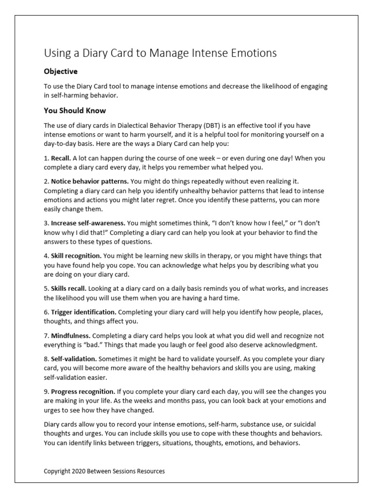 Using A Diary Card To Manage Intense Emotions 093020 Ad | PDF ...
