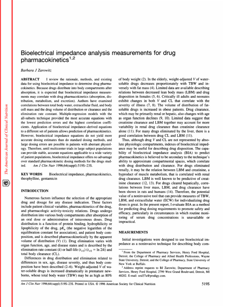 Bioelectrical Impedance Analysis Measurements For Drug Pharmacokinetics ...