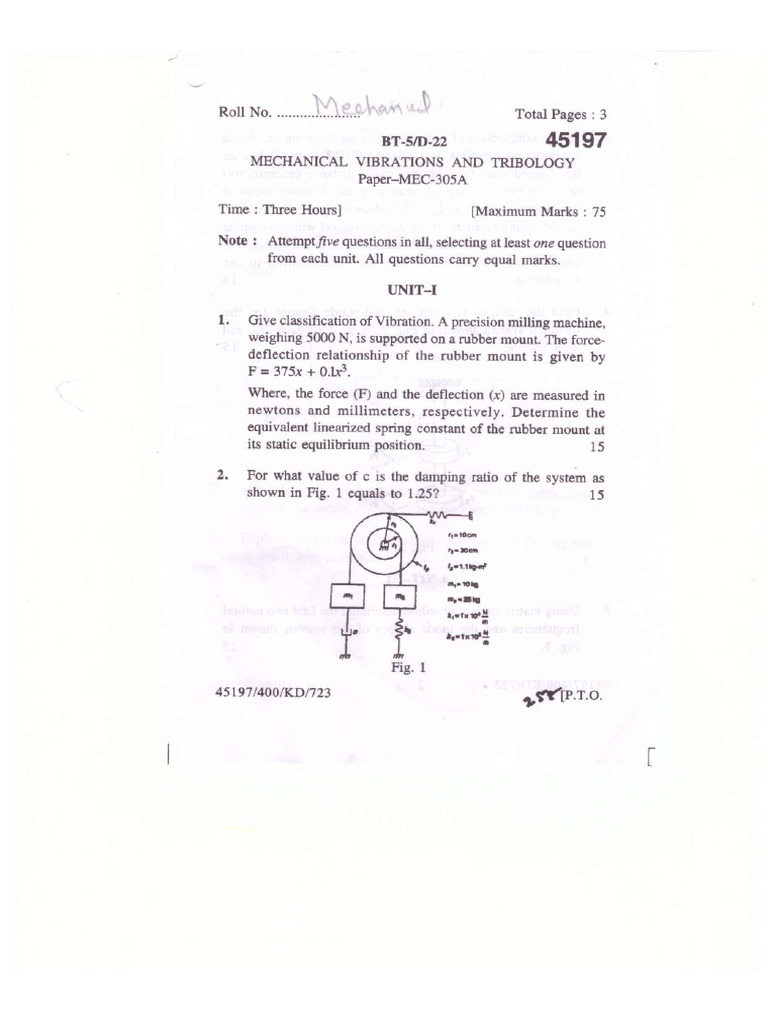 Mechanical Vibrations and Tribology Mec-305a | PDF