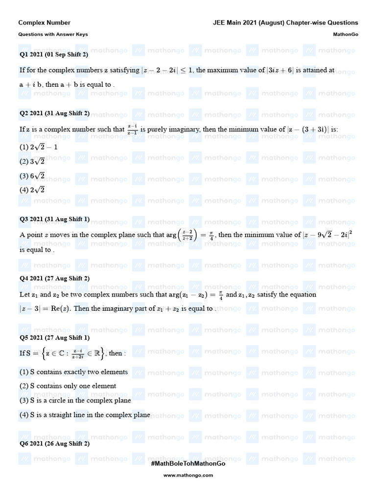 Complex Number - JEE Main 2021 August Chapter-Wise - MathonGo | PDF ...