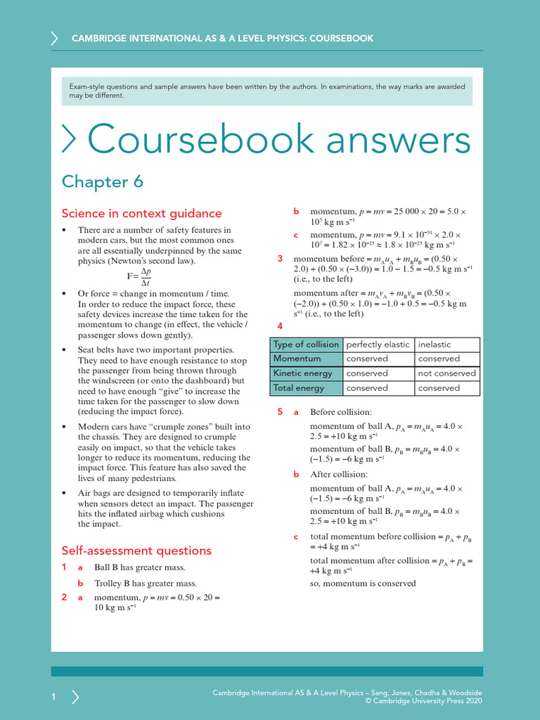 Coursebook Answers Chapter 6 Asal Physics | PDF | Momentum | Collision