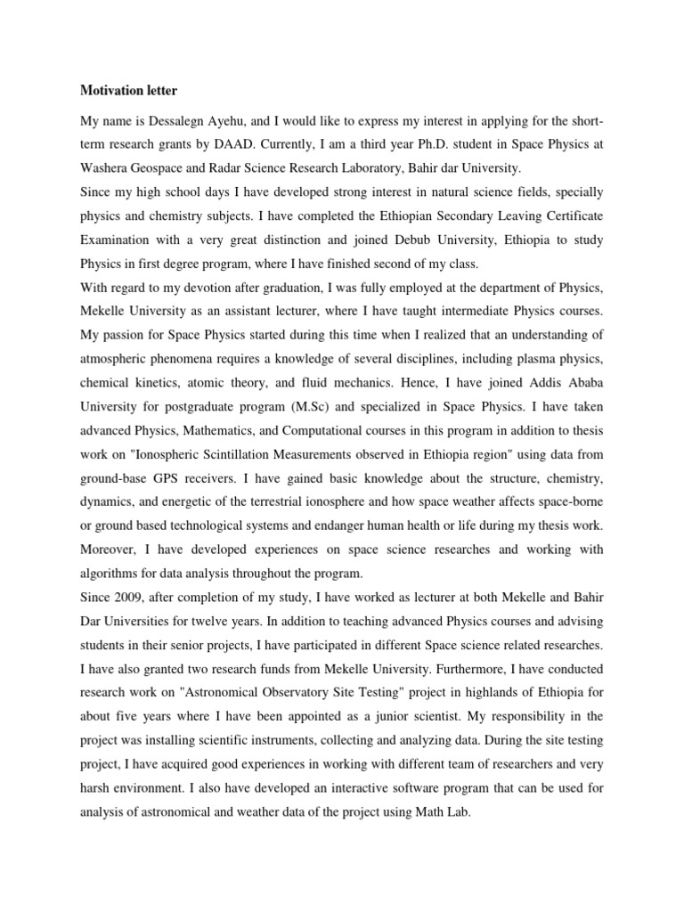 Motivation Letter For DAAD | PDF | Physics | Science