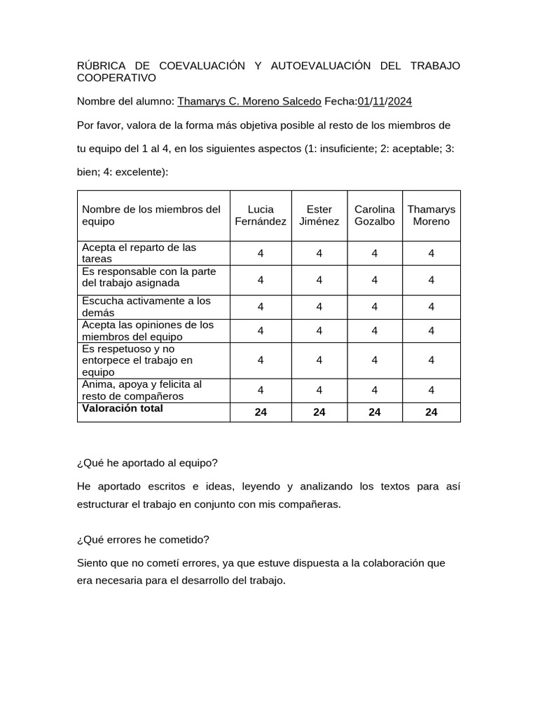 Rúbrica de Coevaluación en Trabajo Cooperativo | PDF | Crecimiento ...